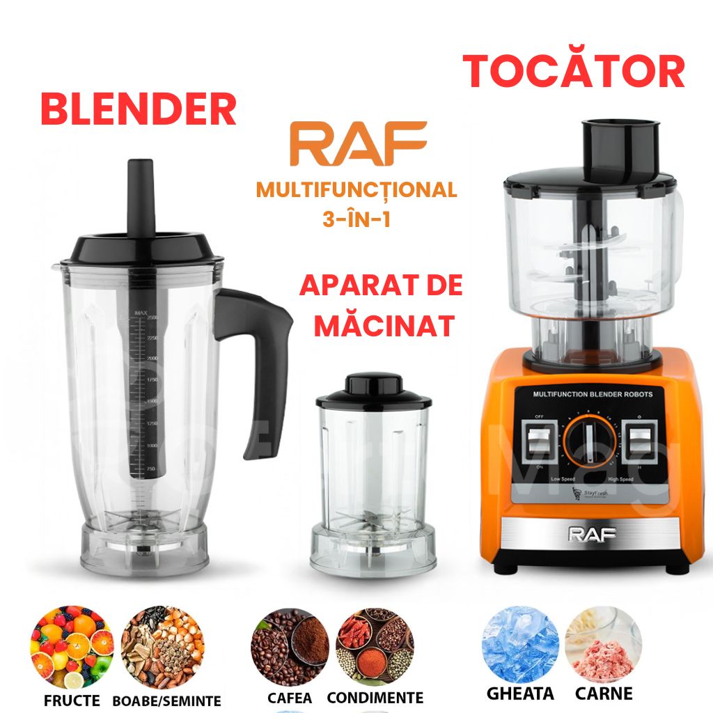 Multifuncțional 3-în-1 RAF, 2800W, Tocător + Blender + Aparat de Măcin ...
